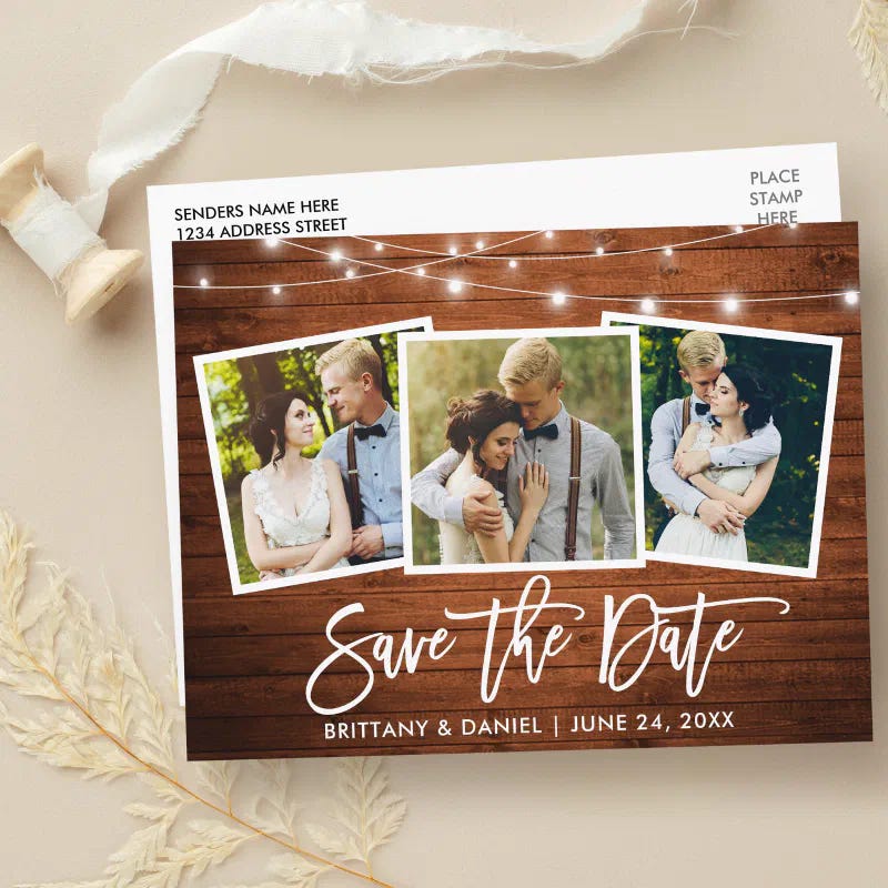 Review: Brush Script Wood Lights 3 Photo Save The Date Postcard — A ...