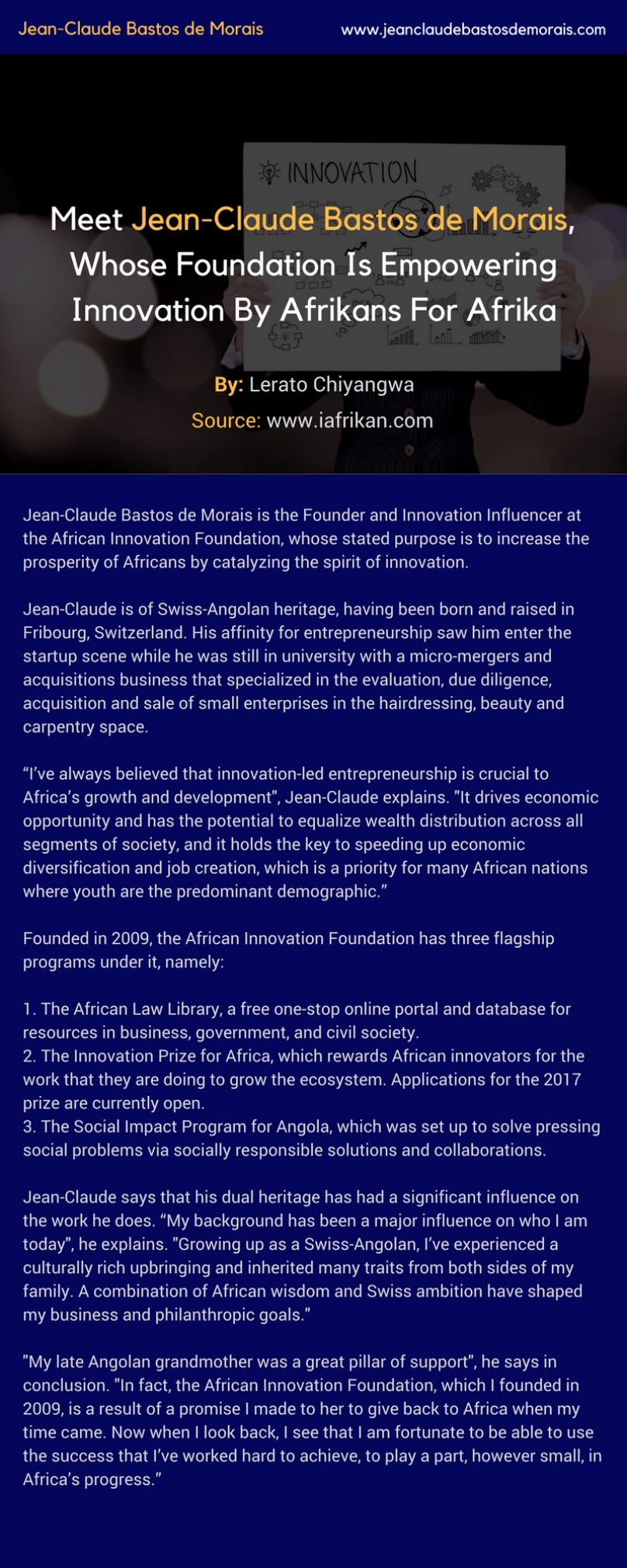 Meet Jean-Claude Bastos de Morais whose Foundation is Empowering Innovation by Afrikans for ...