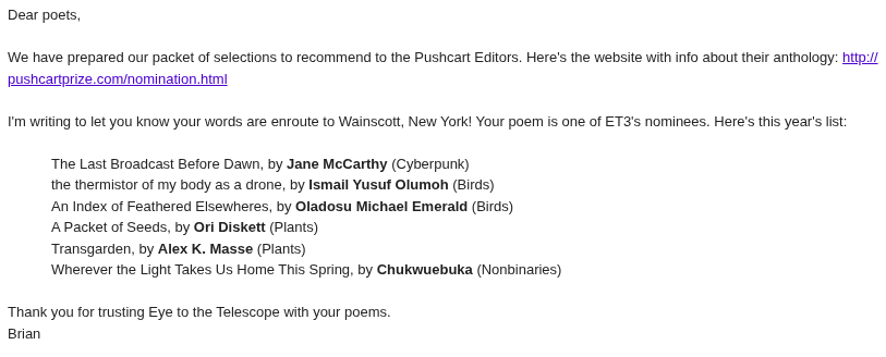 Pushcart Prize Nominee - Jane McCarthy Storytelling Portfolio - Medium