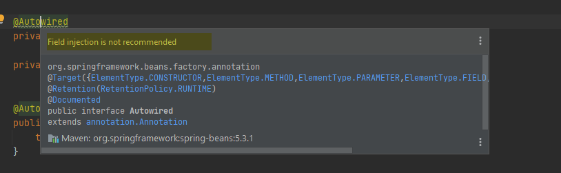 Spring @Autowired注解提示 Field injection is not recommended 警告 - HoneyMoose - Medium