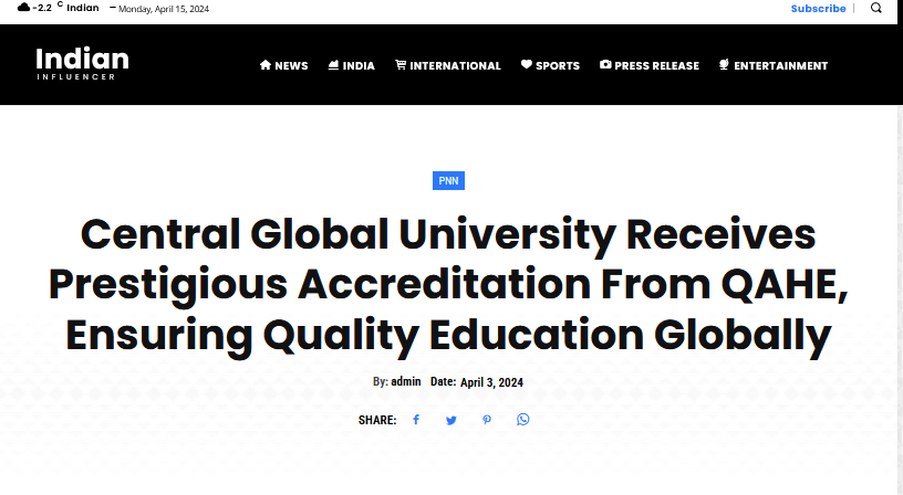 QAHE Featured on Indian Influencer News for Central Global University’s Prestigious QAHE ...