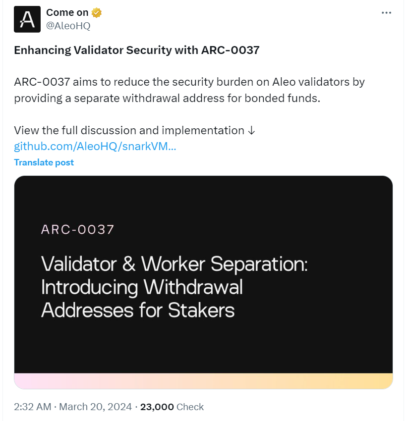 Aleo Foundation Executive Director Announces Progress Validator security issues have been ...