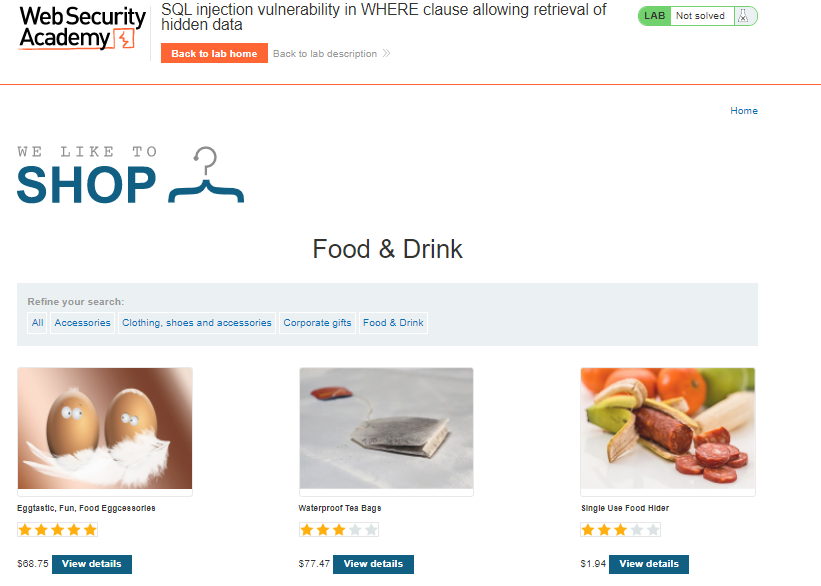 PortSwigger Web Security Academy Lab: SQL injection vulnerability in WHERE clause allowing ...