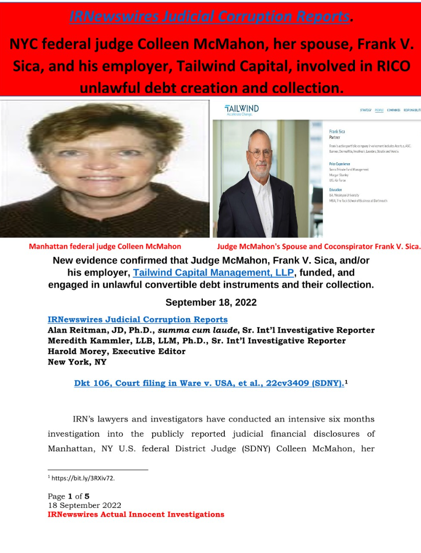 NYC Federal Judge Colleen McMahon, Frank V. Sica, their private ...