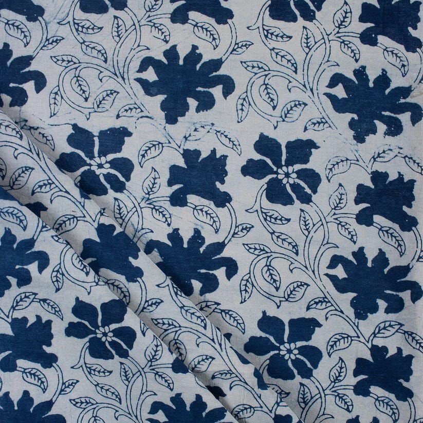 Hand Block Floral Printed Indigo Cotton Fabric - Maahichoudhary2208 - Medium