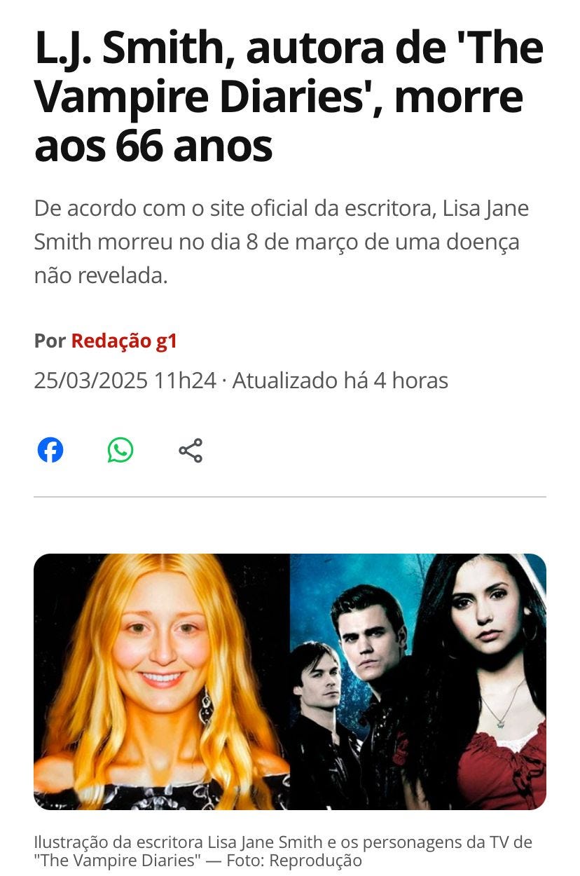 LISA JANE SMITH, AUTORA DE “DIÁRIOS DO VAMPIRO”, MORRE AOS 66 ANOS | by ...