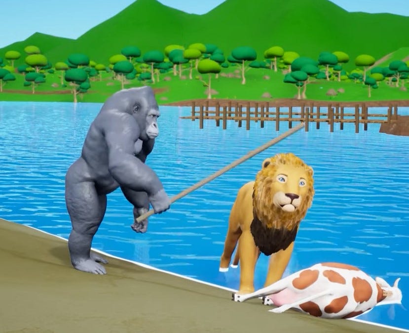 Funny Fight between Lion and Gorilla — Lion Attacks Cows in Forest ...
