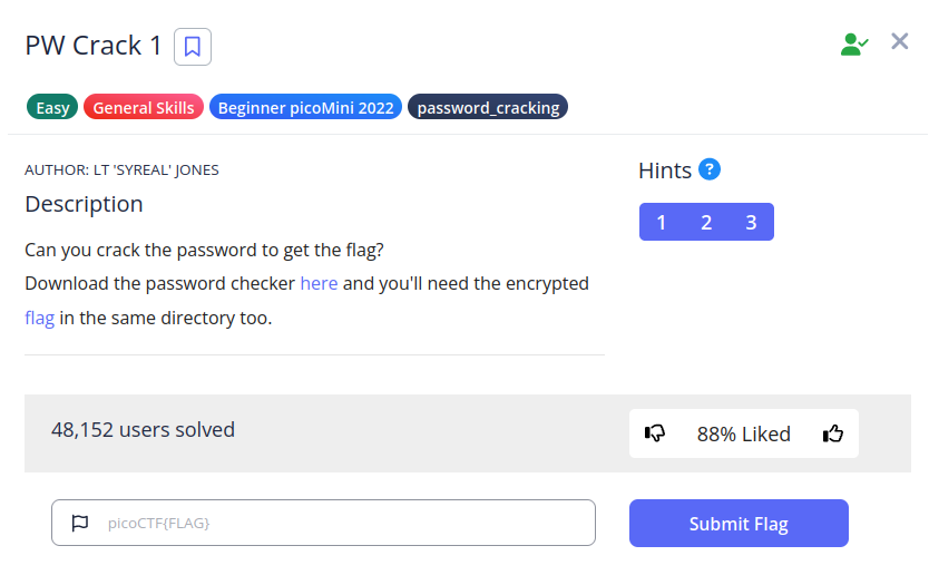 PicoCTF — PW Crack 1 This is my first CTF-writeup ! This challenge is an easy general skills ...
