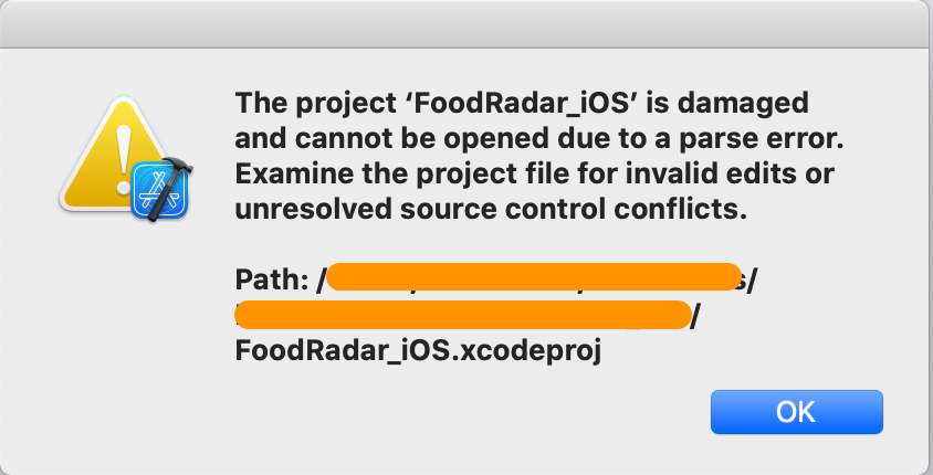 iOS Xcode, The project ‘{your project name}’ is damaged and cannot be opened due to a parse ...
