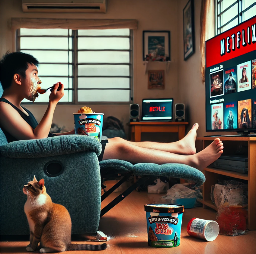 Person sitting in a recliner, eating ice cream directly from the ...
