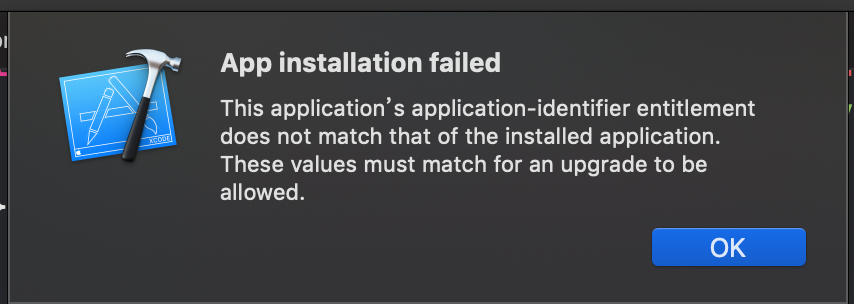 “This application’s application-identifier entitlement does not match that of the installed ...