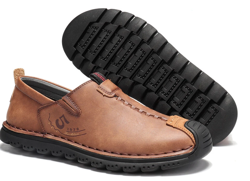 Men Hand Stitching Rubber Toe Cap Slip On Soft Leather Loafers ...