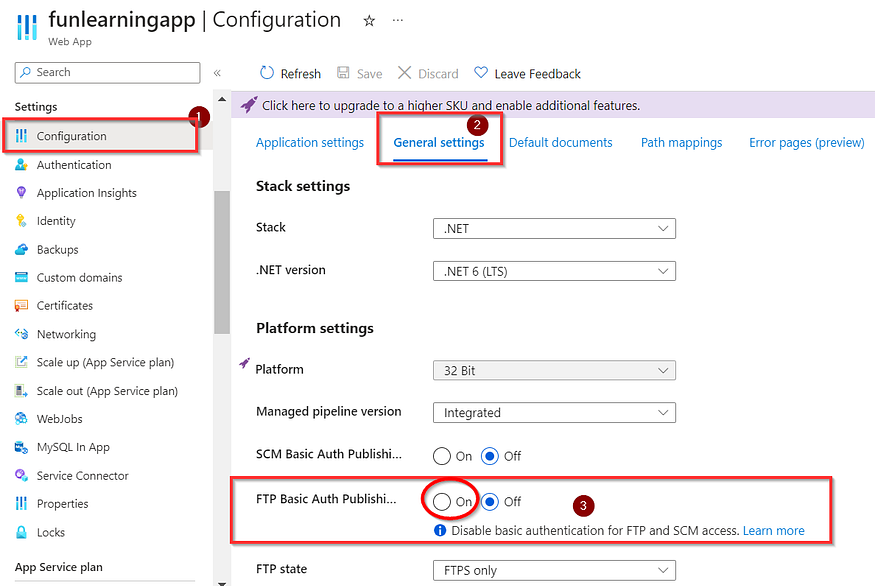 FTP authentication has been disabled for this web app. You will not be able to authenticate ...