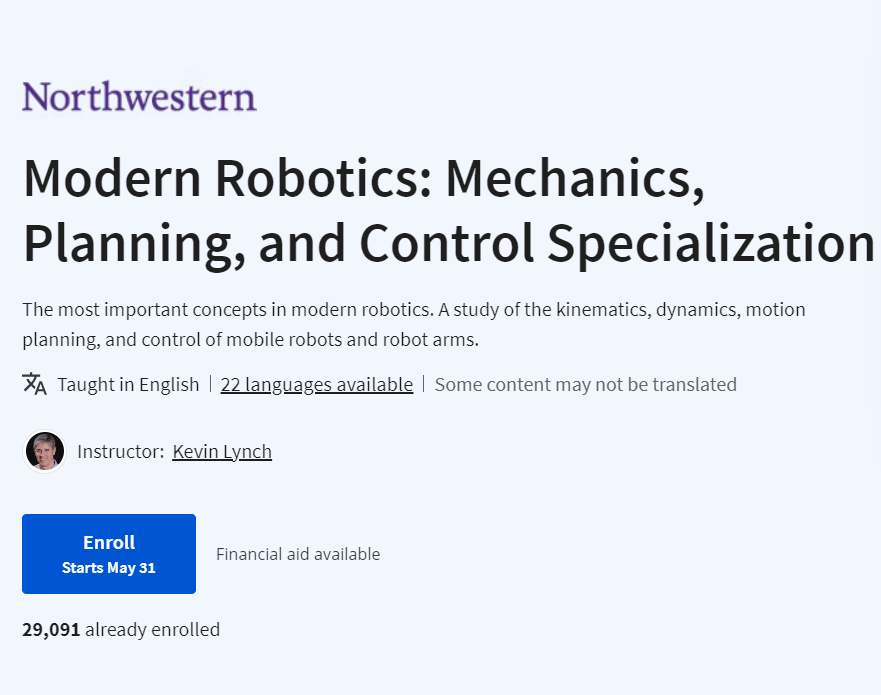 Modern Robotics: Mechanics, Planning, and Control Specialization ...