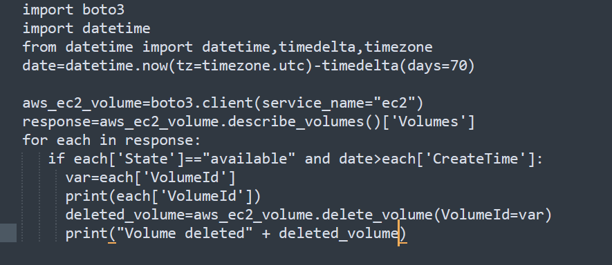 Python Boto3 script to Delete unattached volume in AWS Account ... Python Boto3 script to Delete unattached volume in AWS Account ...