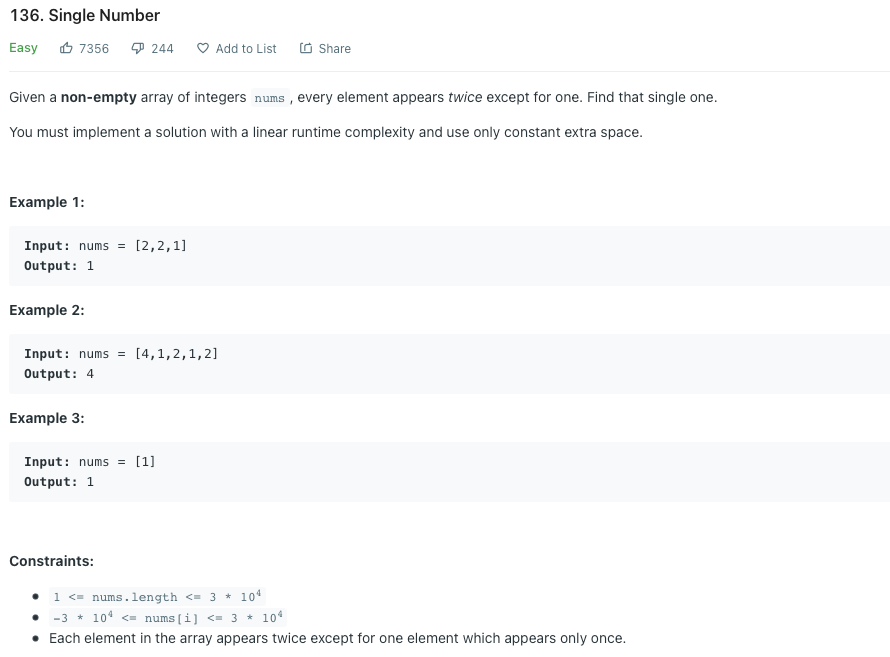Leetcode #136 Single Number - Tseng Chia-Ching - Medium