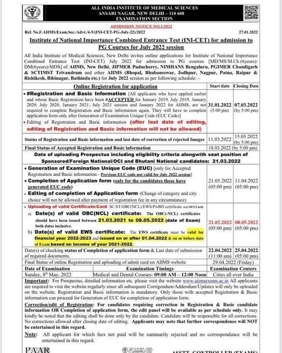 AIIMS INI CET PG- 2022 Notification - Shiksha Mitraa - Medium