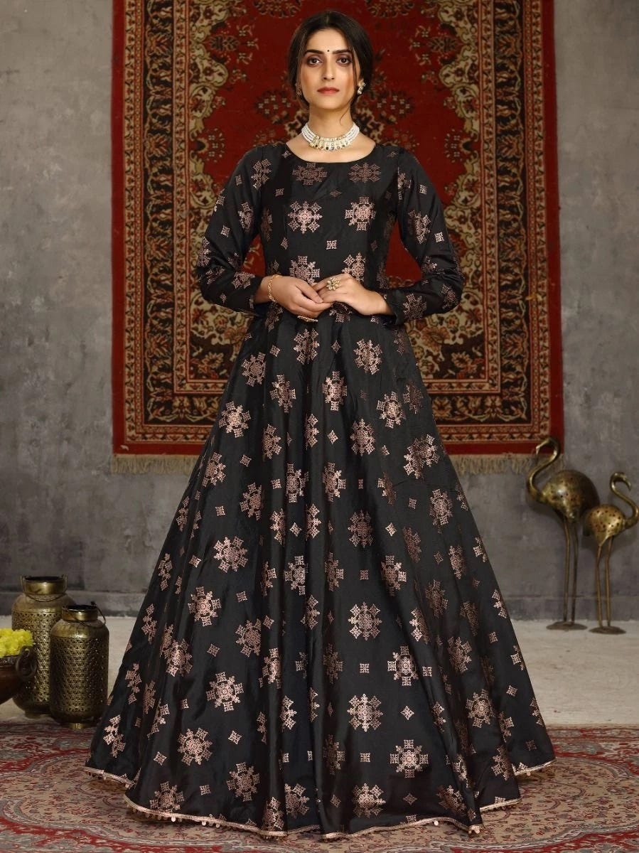 Showy Black Metallic Foil Taffeta Anarkali Gown - Zeel Clothing - Medium