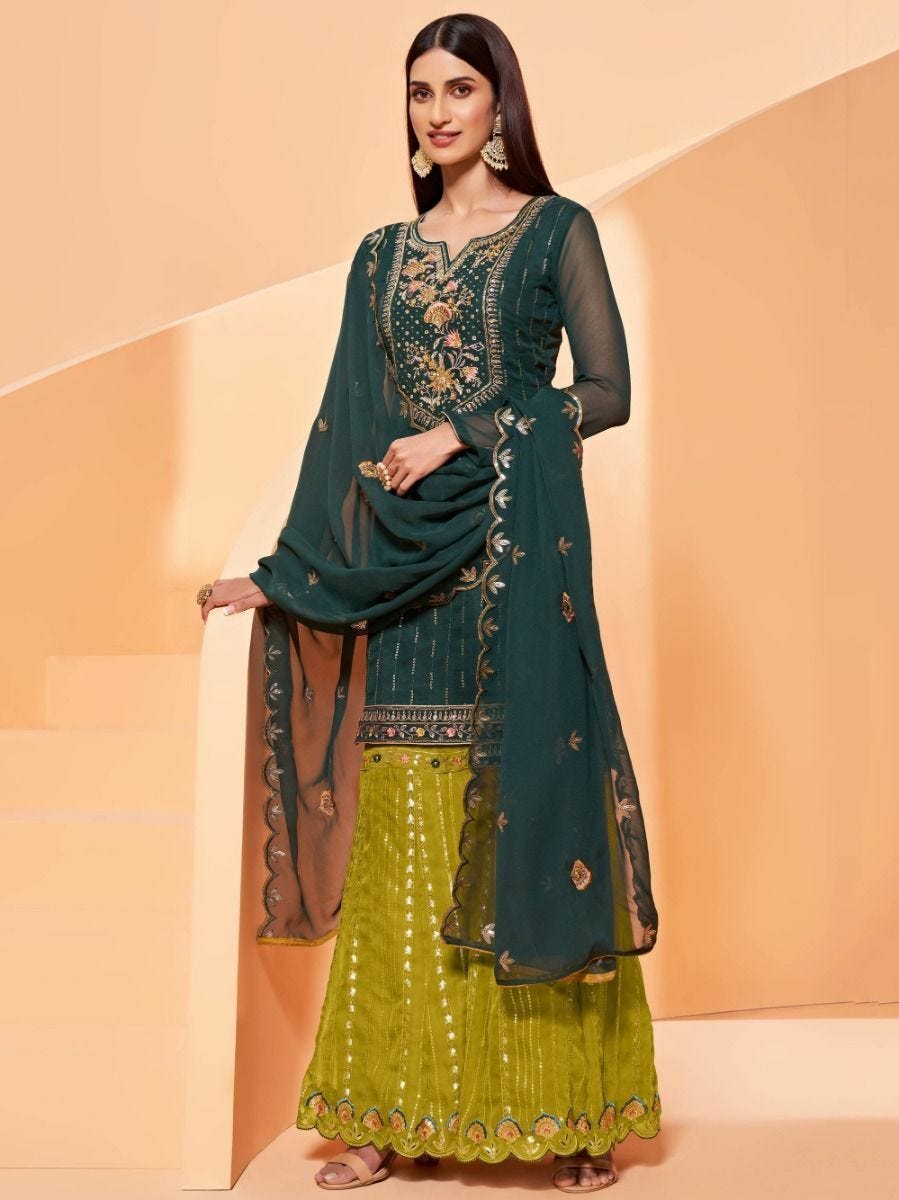 Charming Dark Green Sequins Georgette Festival Wear Sharara Suit - Zeel ...