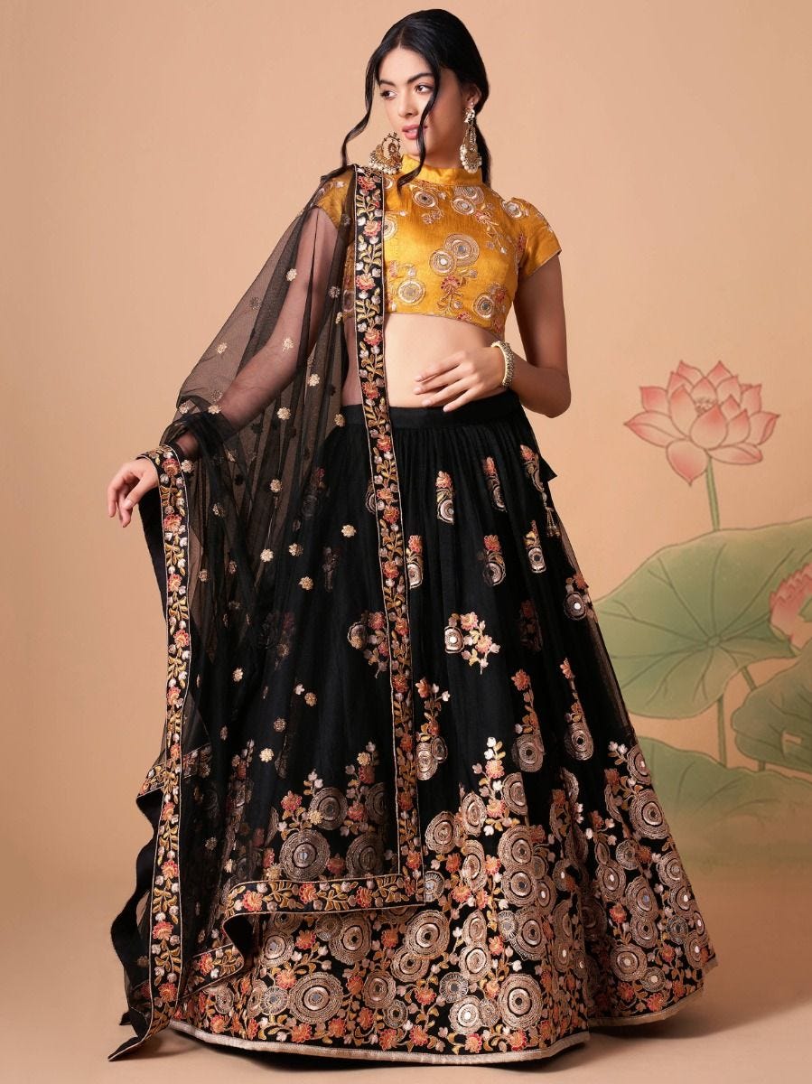 Magnificent Black Mirror Work Net Party Wear Lehenga choli - Zeel Clothing - Medium