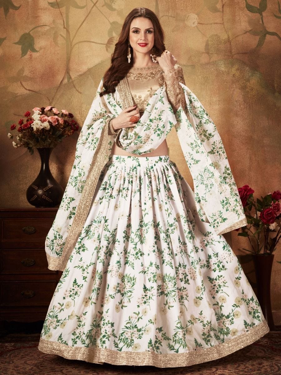 Breathtaking Off-White Sabyasachi Floral Printed Organza Silk Party Wear Lehenga Choli With ...