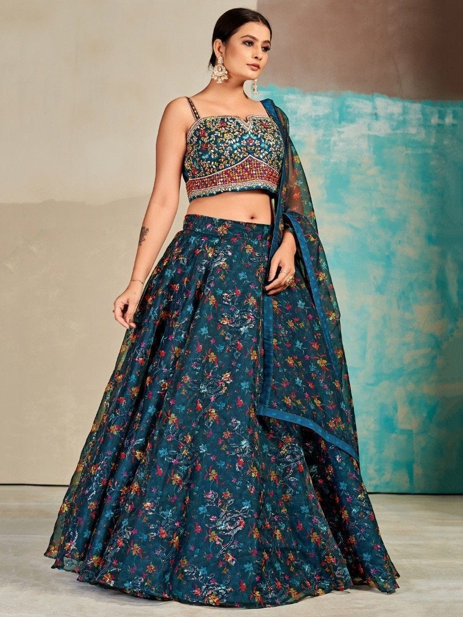 Stunning Teal Blue Digital Print Organza Party Wear Lehenga Choli - Zeel Clothing - Medium
