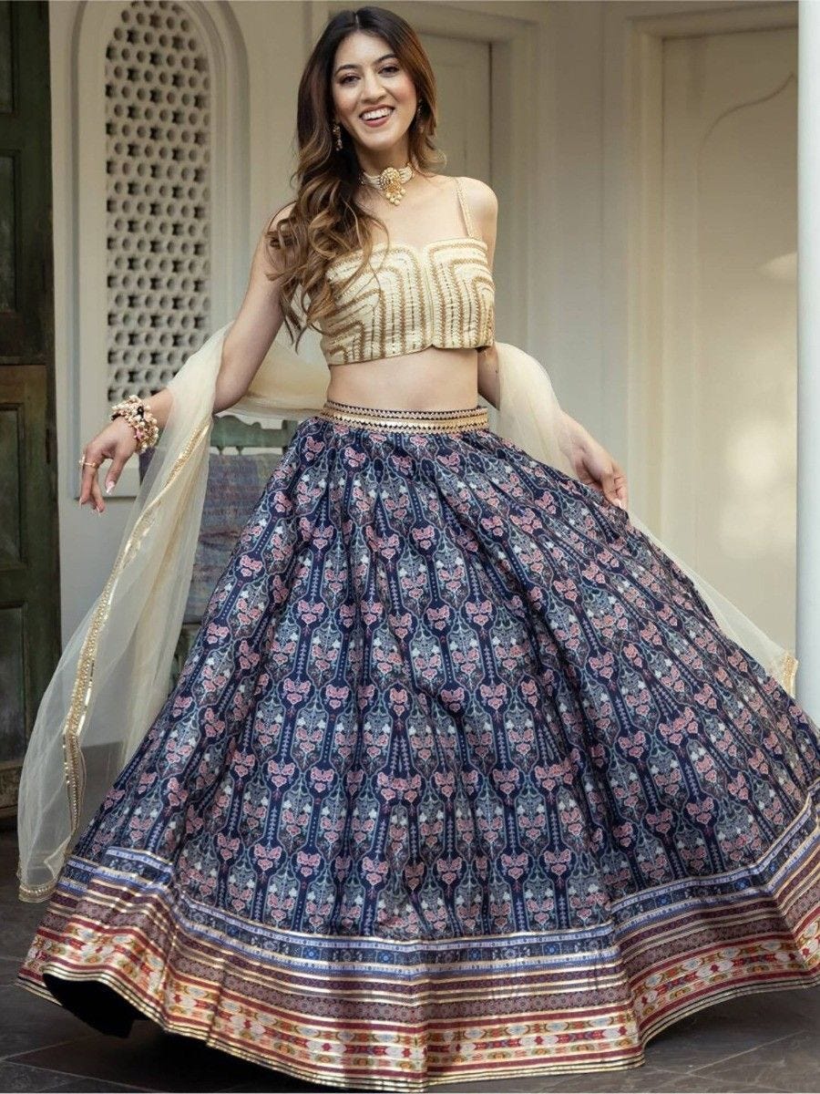 Amazing Navy Blue Digital Printed Art Silk Sangeet Wear Lehenga Choli - Zeel Clothing - Medium
