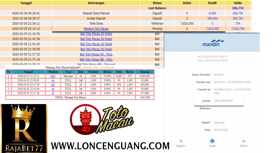 BUKTI JACKPOT TOTOMACAU 05 FEBRUARI 2020 | by RAJABET77 AGEN TOGEL SGP & HK TERBAIK DI INDONESIA ...