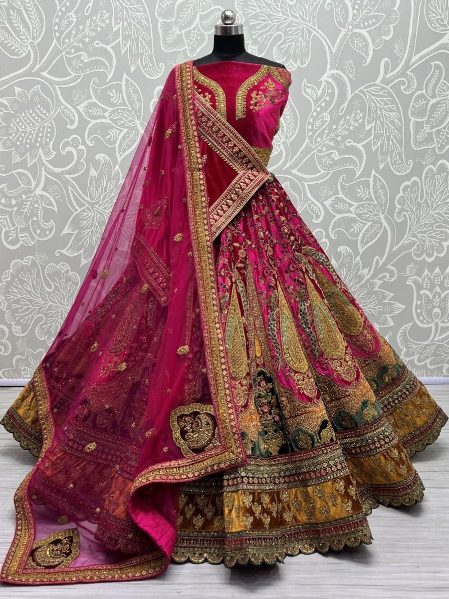 Cute Rani Pink Velvet Bridal Lehenga Choli With Double Dupatta - Zeel ...