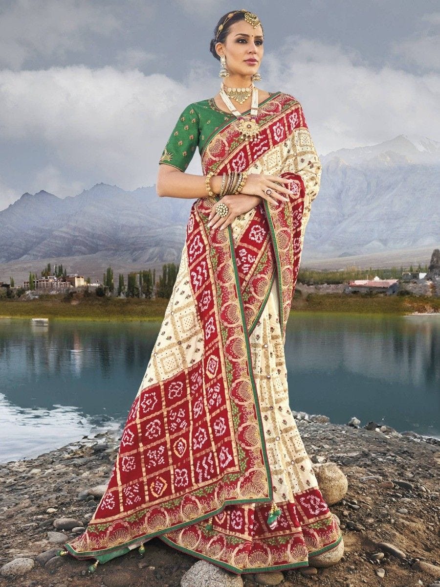 Enticing Cream Bandhani Printed Satin Festive Wear Saree With Blouse ...