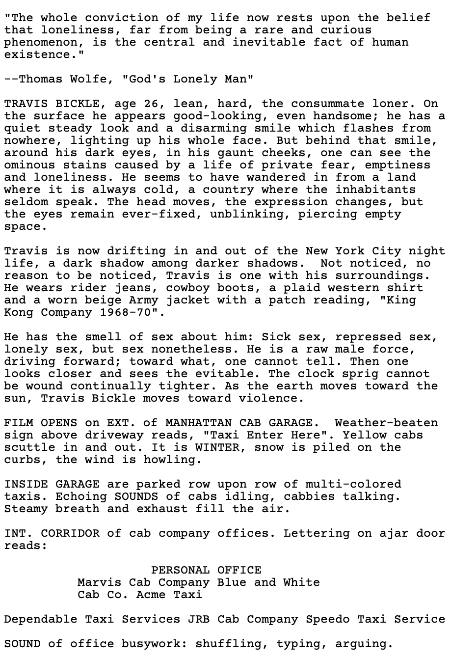 Page One: “Taxi Driver” (1976). Written by Paul Schrader | by Scott ...