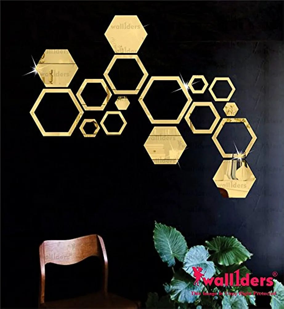 Wall1ders 4 Hexagon and 12 Hexagon Shapes Different Size Golden Mirror ...