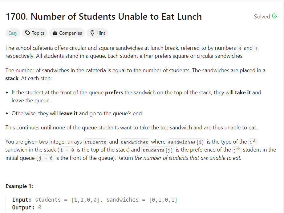 Leetcode練習 1700. Number of Students Unable to Eat Lunch(C++) - YI-HSUAN,WU - Medium