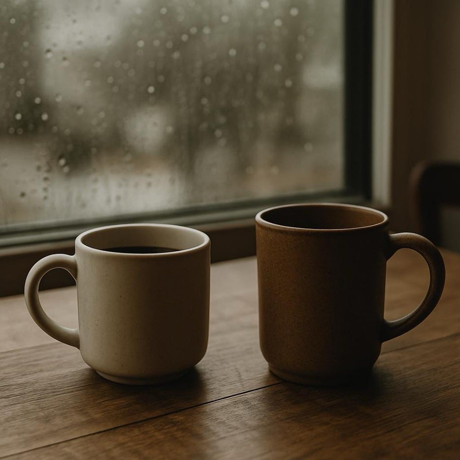 Elias, Who Came Home Too Late. Two ceramic coffee mugs on a wooden ...