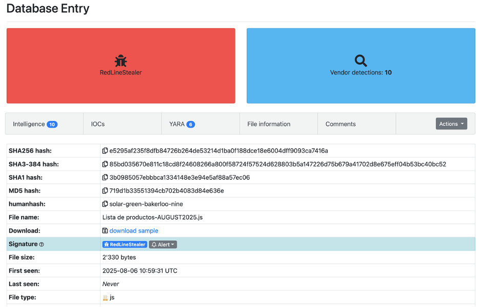 Malware Analysis: Lista de productos-AUGUST2025.js (Redline Stealer ...
