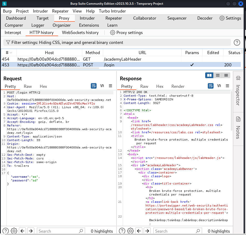 Port Swigger Labs — Broken brute-force protection, multiple credentials ...