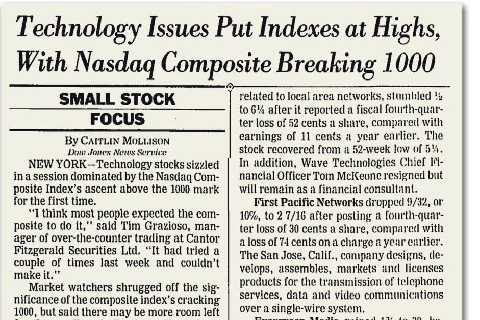 WSJ Financial Flashback: 30 YEARS AGO: Nasdaq 1000 | by SIMON CONSTABLE ...