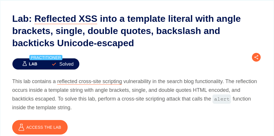 Reflected XSS into a template literal with angle brackets, single ...
