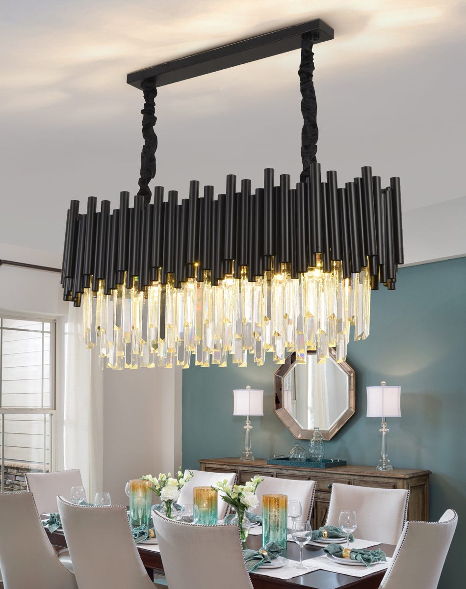 Finn Modern Black Linear Crystal Chandelier Dining Room — Seus Lighting ...