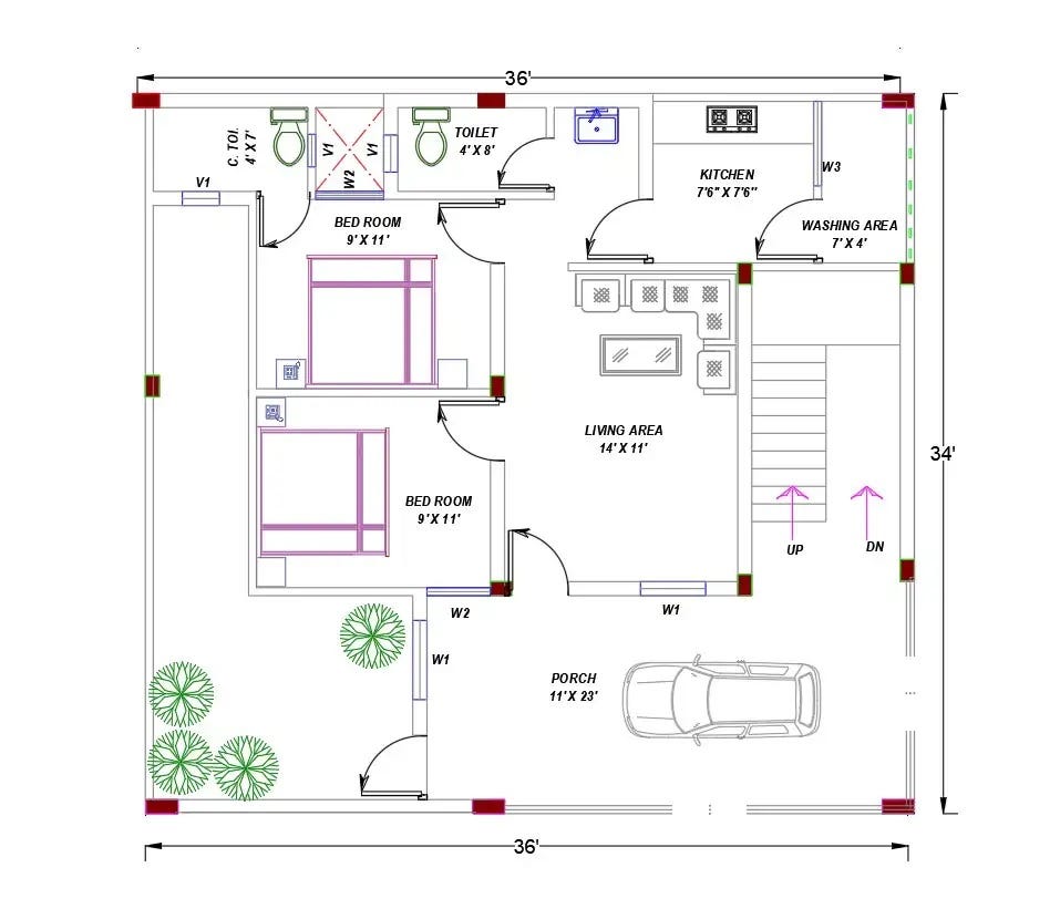 AutoCAD 2 BHK House Plan Drawing DWG File. - Cadbull - Medium