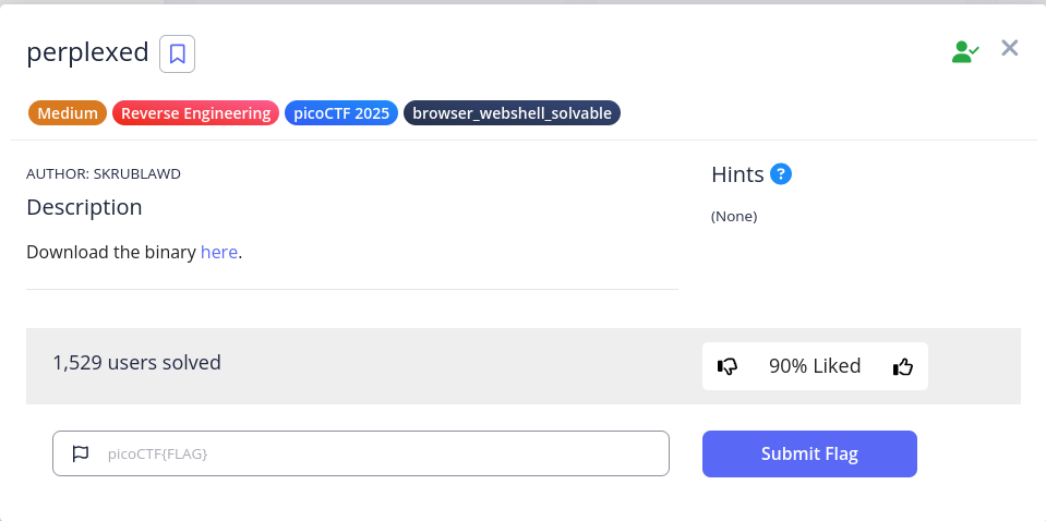 picoCTF | perplexed | Writeup. Category: Reverse Engineering | by Prasanth | Medium