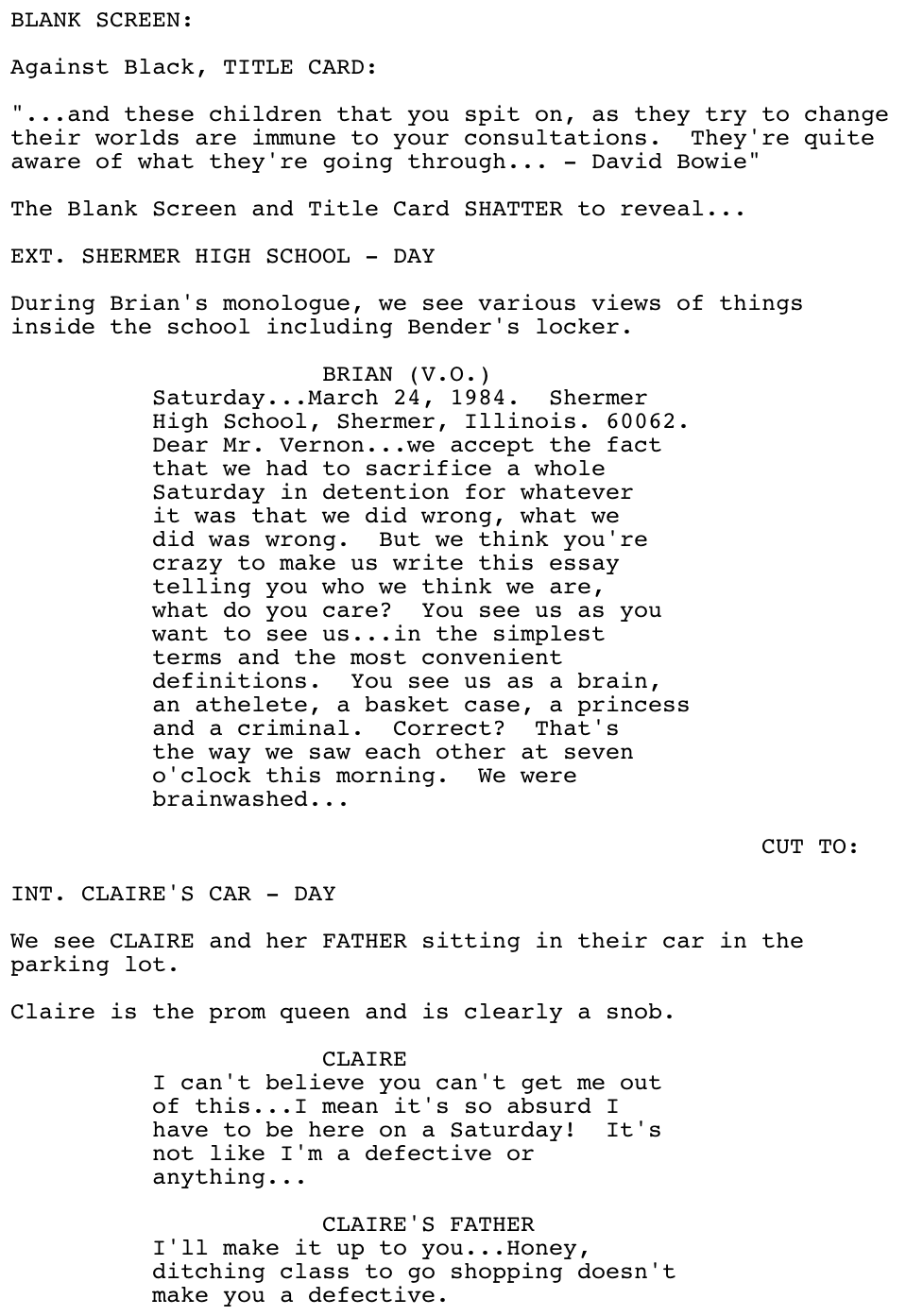 Page One: ‘The Breakfast Club’ (1985) | by Scott Myers | Go Into The Story