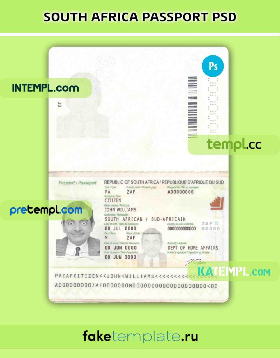 South Africa passport PSD download template (2009-present) - Passport ...