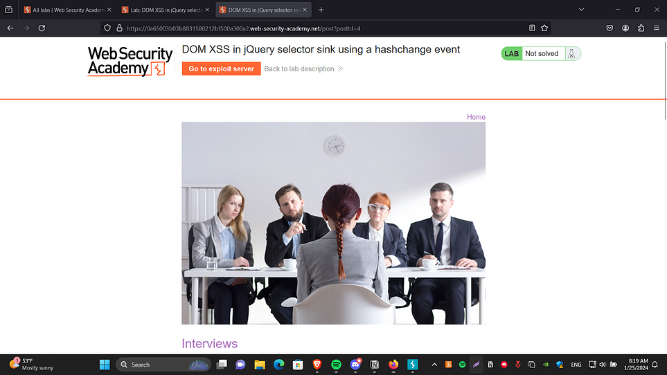 Lab: DOM XSS in jQuery selector sink using a hashchange event | by Sainath halgekar | Mar, 2025 ...