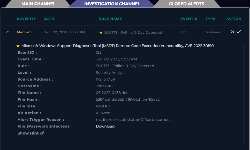 SOC173 — Follina 0-Day Detected Walkthrough (Let’s Defend) | by Jaylin Nelson | Sep, 2024 | Medium