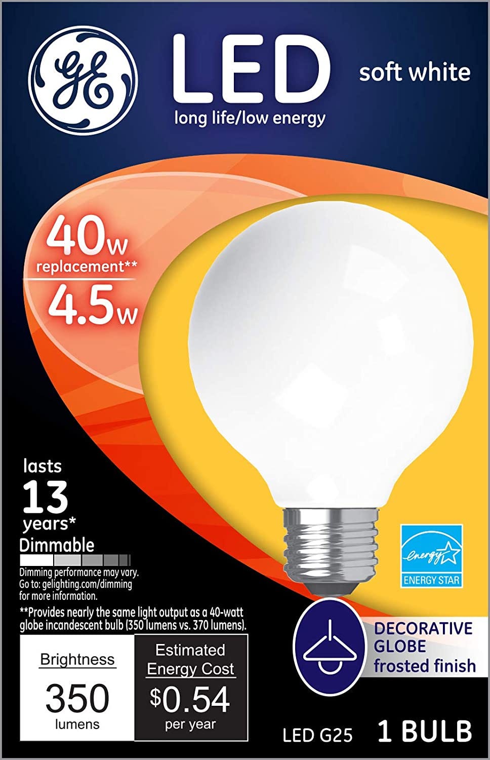GE Lighting 25048 Finish Light Bulb Dimmable LED G25 Decorative Globe 4 ...