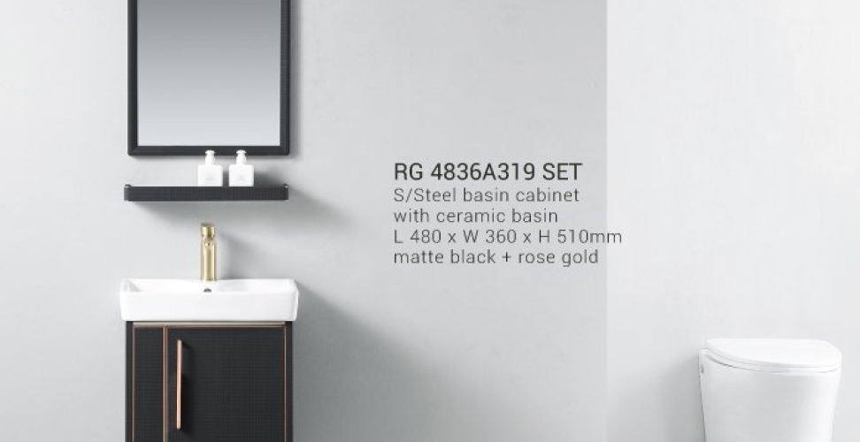 Elegance Redefined: Rocconi Basin Cabinets In Matte Black And Rose Gold ...