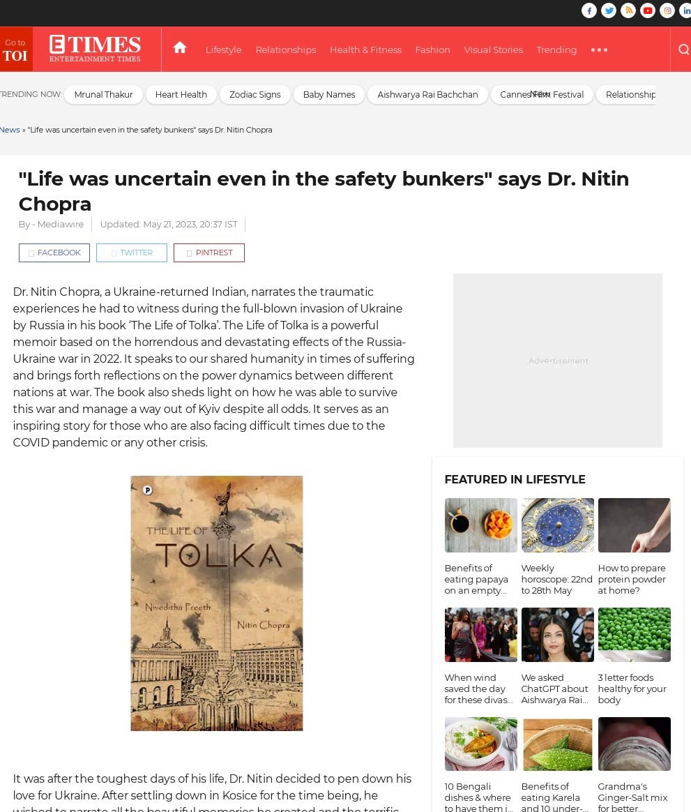 The Times Of India Features “The Life Of Tolka” by Dr. Nitin Chopra ...